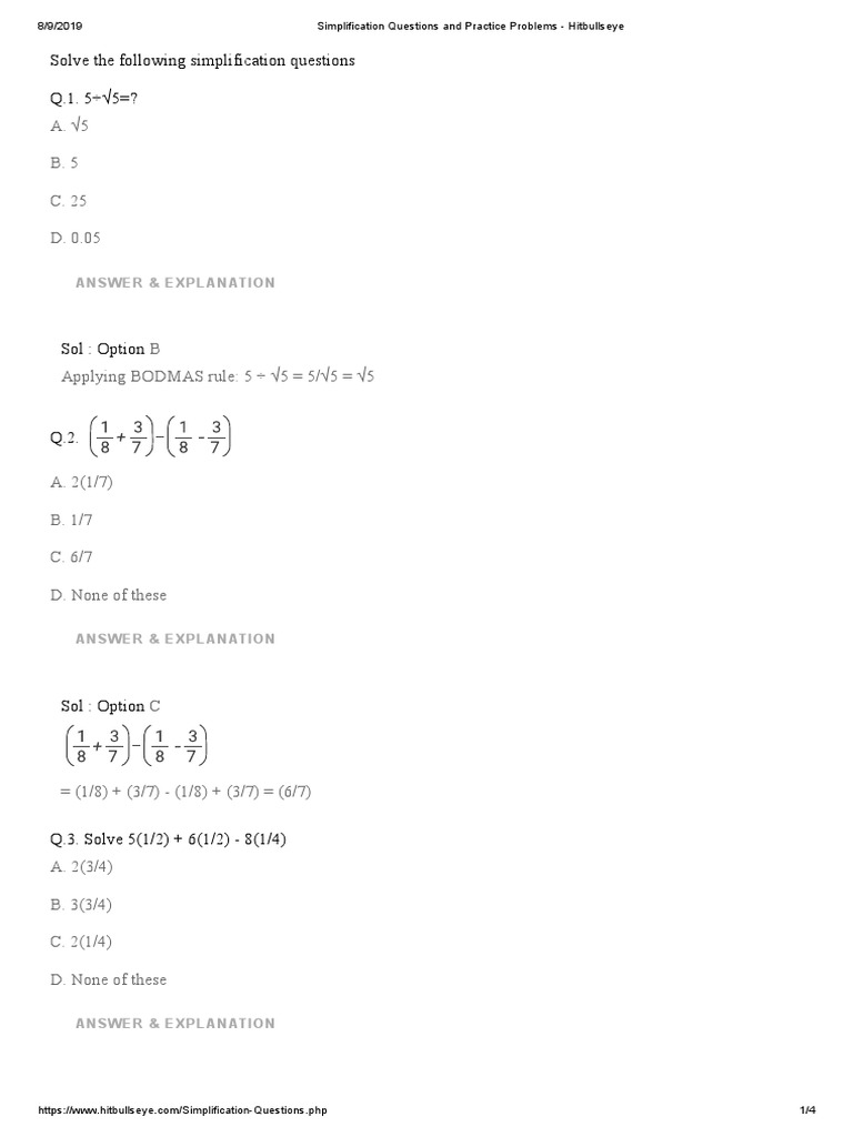 Simplification Questions and Practice Problems - Hitbullseye | PDF ...