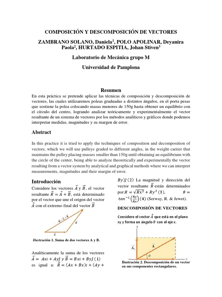 Laboratorio 1. Composición y Descomposición de Vectores PDF | PDF | Vector Euclidiano | Masa