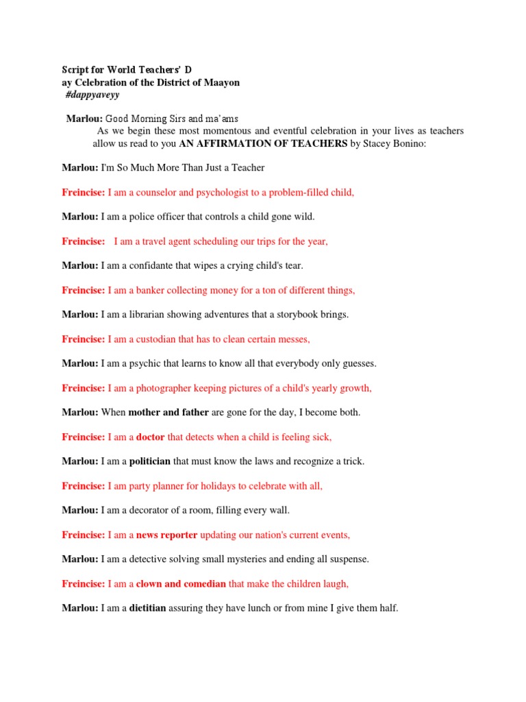 Script For World Teachers | PDF | Guru | Teachers