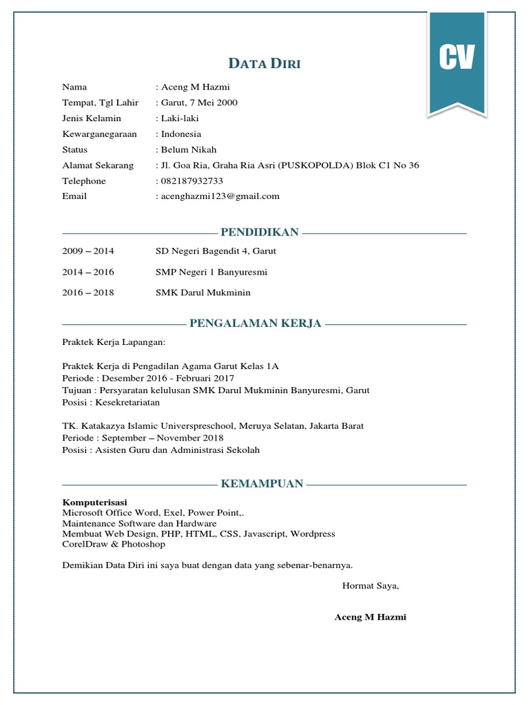 Contoh Curriculum Vitae Lulusan SMK | PDF