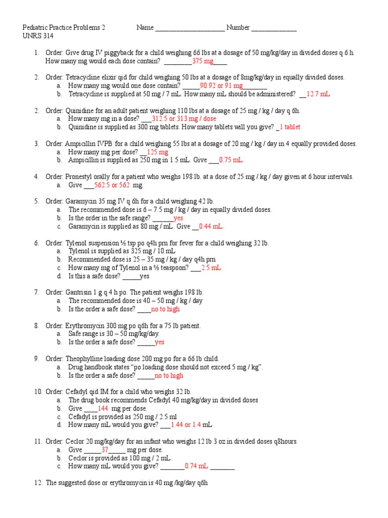 Pediatric Practice Math Problems Answer Key | PDF | Dose (Biochemistry ...