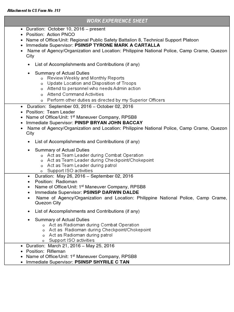CS Form No. 212 Attachment - Work Experience Sheet LAURENTE | PDF ...