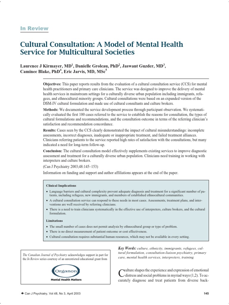 Cultural Consultation: A Model of Mental Health Service For ...