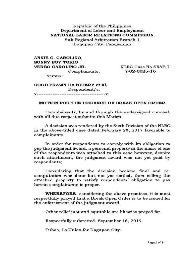 Motion For Issuance of Break Opne Order | PDF | Law