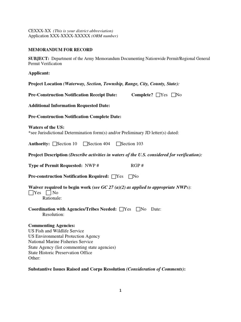 Dept. of The Army Template For Documenting Nationwide & Regional ...