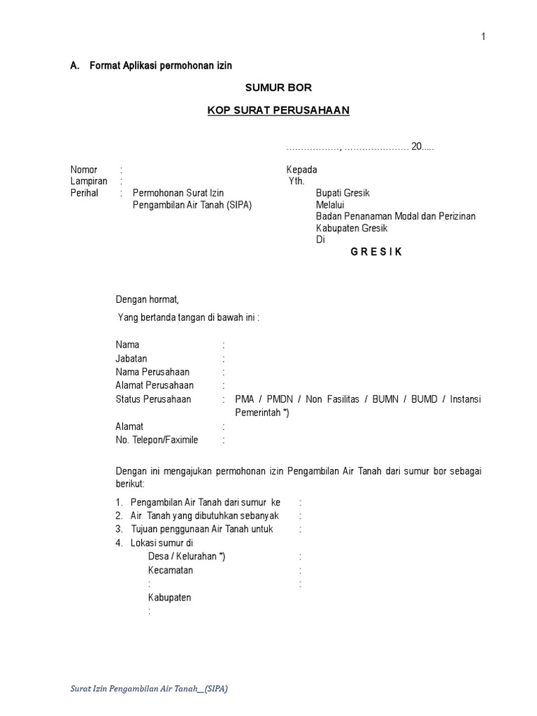Permohonan Surat Izin Pengambilan Air Tanah (SIPA) | PDF