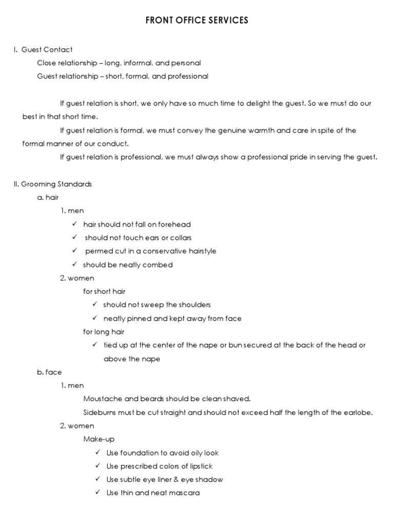 Front Office Services and Standards Guide | PDF | Meal | Hotel