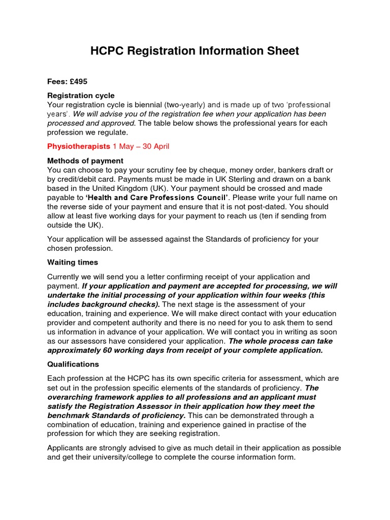 HCPC Registration Information Sheet | PDF | Test (Assessment) | Payments