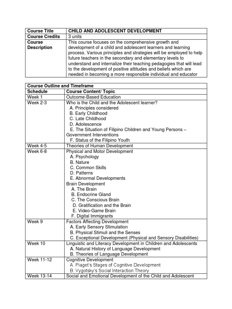 Course Outline - Child and Adolescent Dev | PDF | Adolescence ...