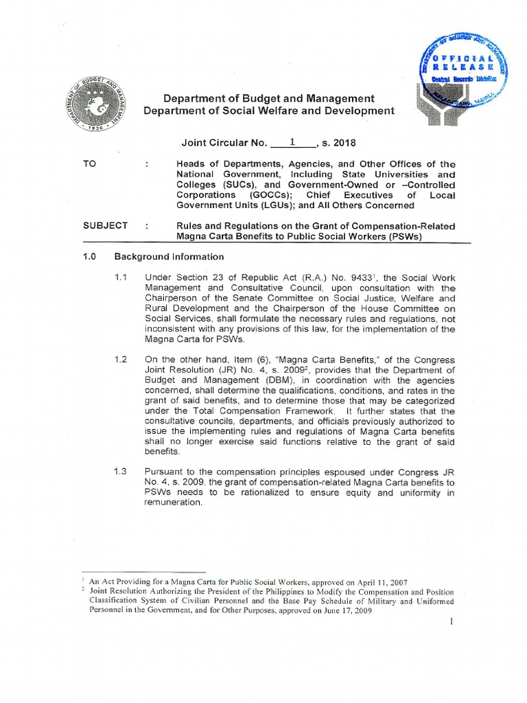 DBM DSWD Joint Circular No 1 S 2018 | PDF | Overtime | Salary