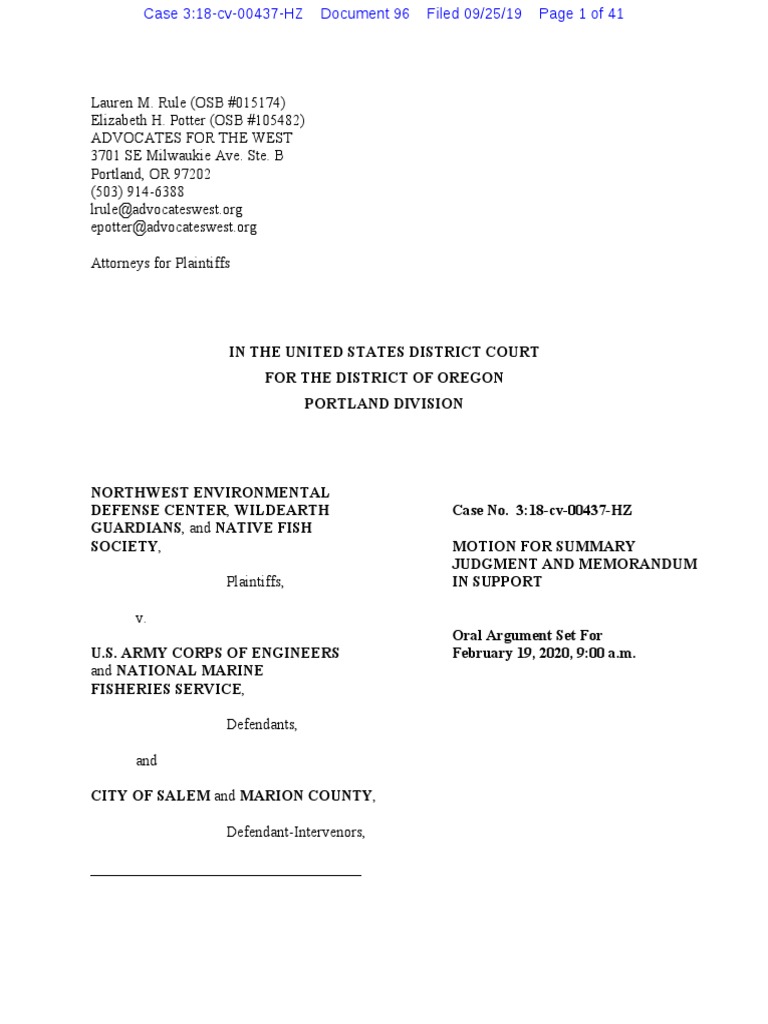 Motion For Summary Judgement - NFS, NEDC, WildEarth Guardians v. USACOE ...