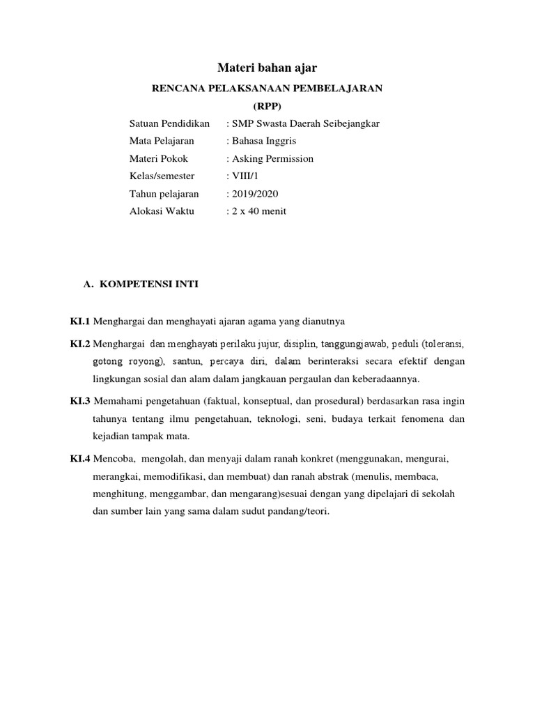 RPP Bahasa Inggris: Asking Permission SMP | PDF