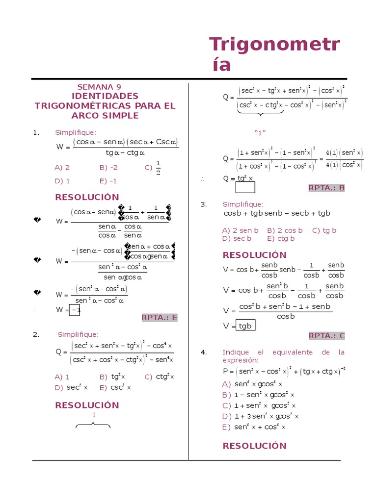Trigonometr Ía: Identidades Trigonométricas para El Arco Simple | PDF