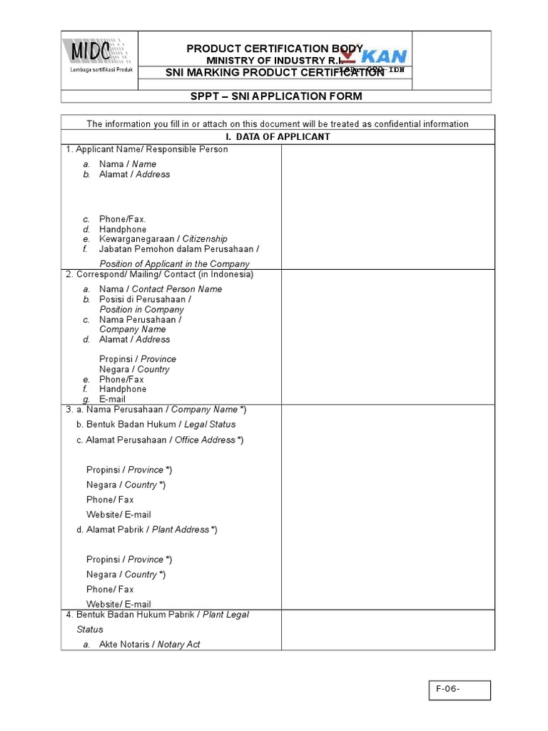 SNI Marking Product Certification Form | PDF