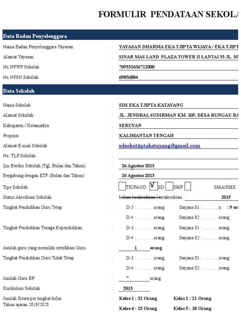 Formulir Pendataan Sekolah Etf Sds Eka Tjipta Katayang | PDF