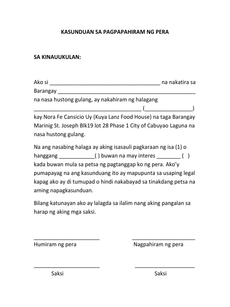 Kasunduan Sa Pagpapahiram NG Pera | PDF