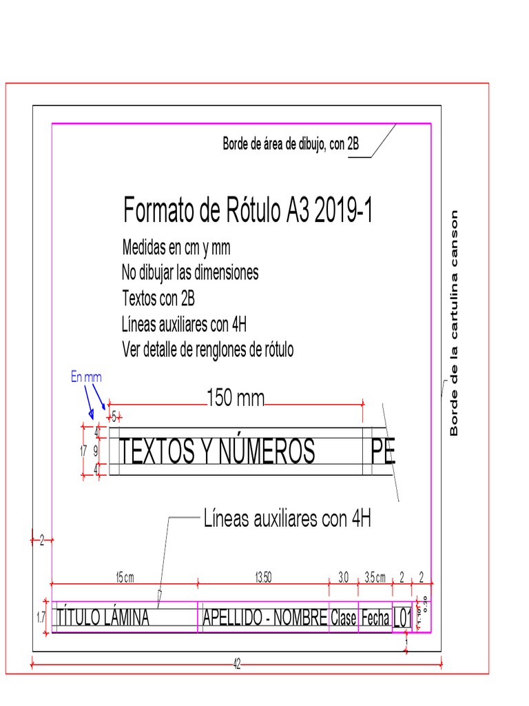Borde de área de dibujo con especificaciones de medidas, líneas y ...