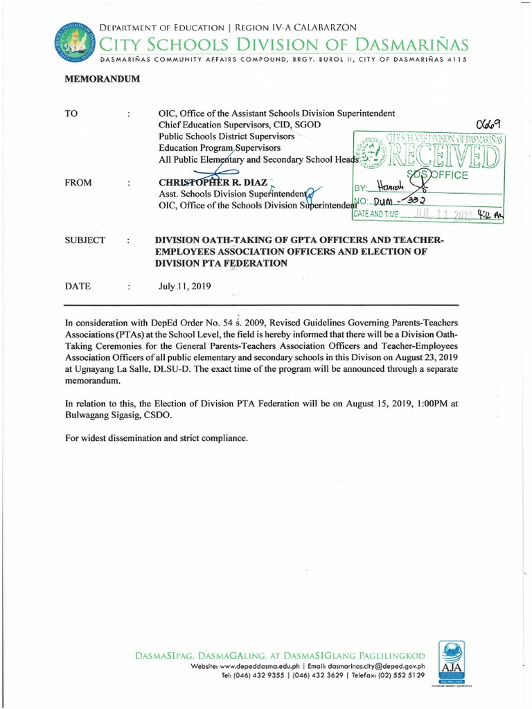 Oath Taking of GPTA Officers and Teachers | PDF | Educational ...