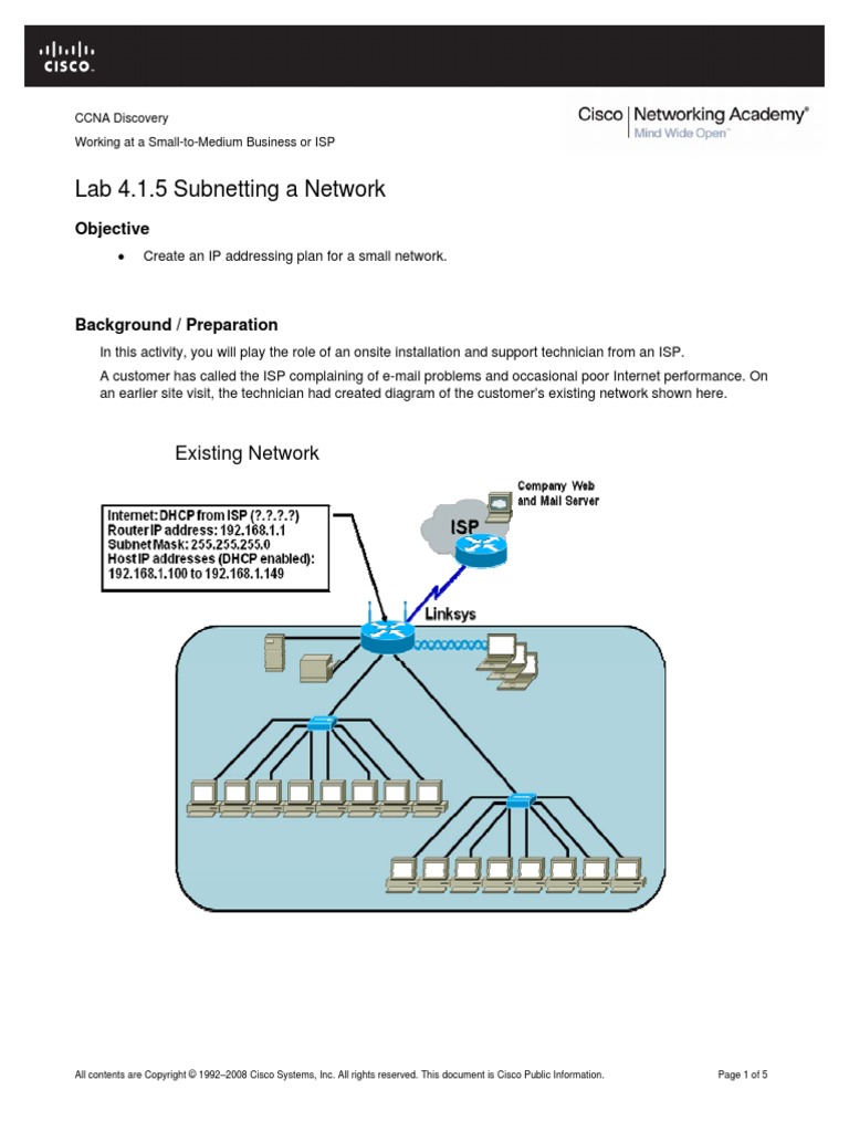 Lab 4 1 5 Subnetting A Network Pdf Ip Address Cisco Certifications