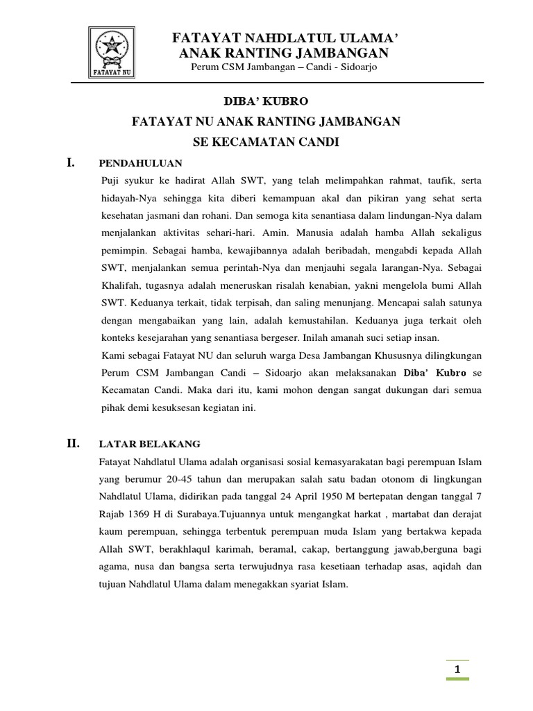 Proposal Diba' Kubro Fatayat NU Jambangan | PDF