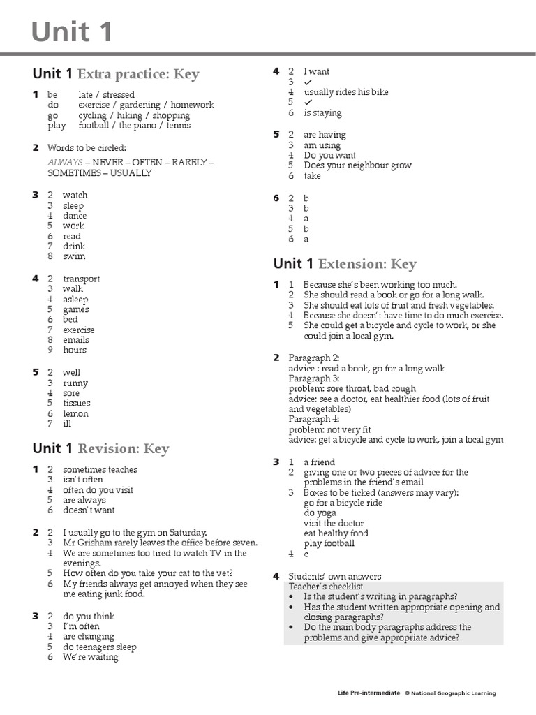 Unit 1: Extra Practice: Key | PDF | Foods