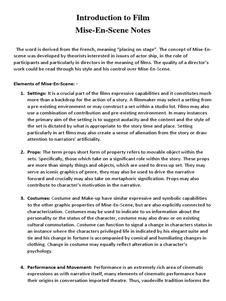 Introduction To Film Mise-En-Scene Notes | PDF | Actor | Narrative