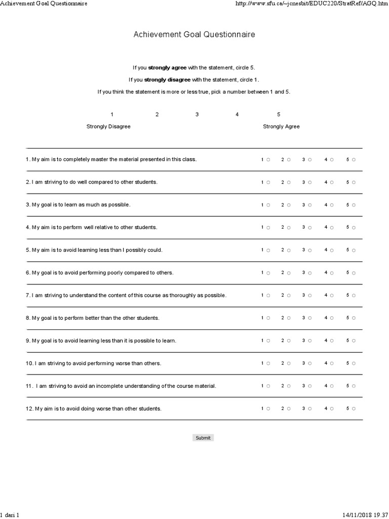Achievement Goal Questionnaire Survey | PDF | Behavioural Sciences ...