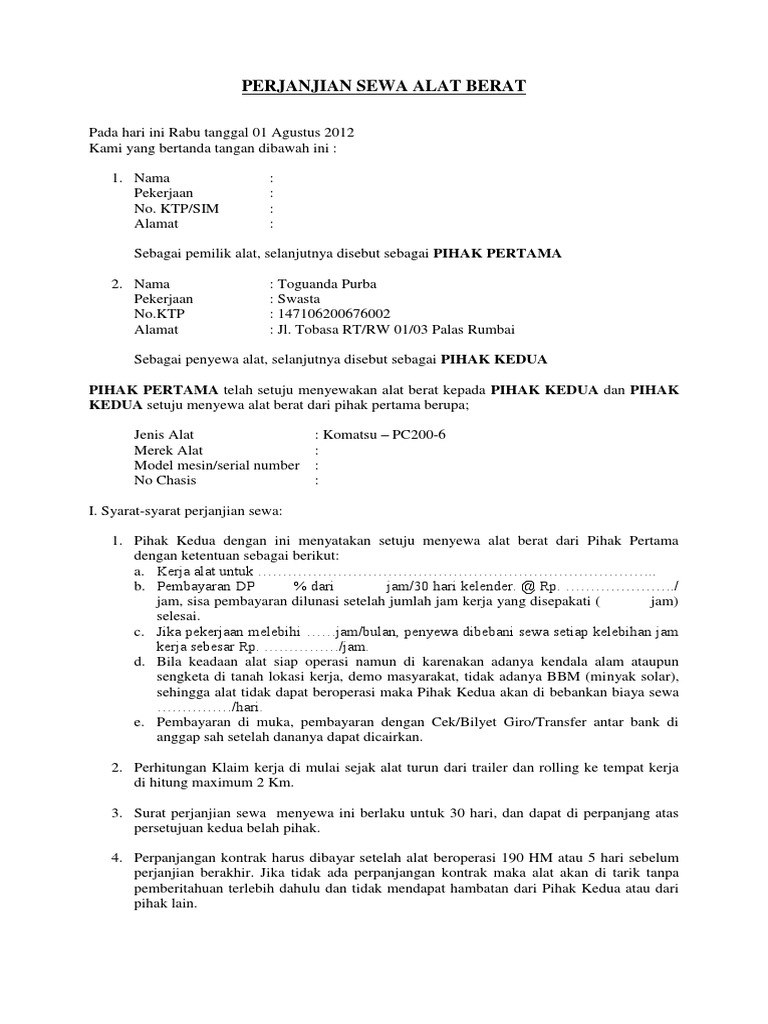 Perjanjian Sewa Alat Berat | PDF