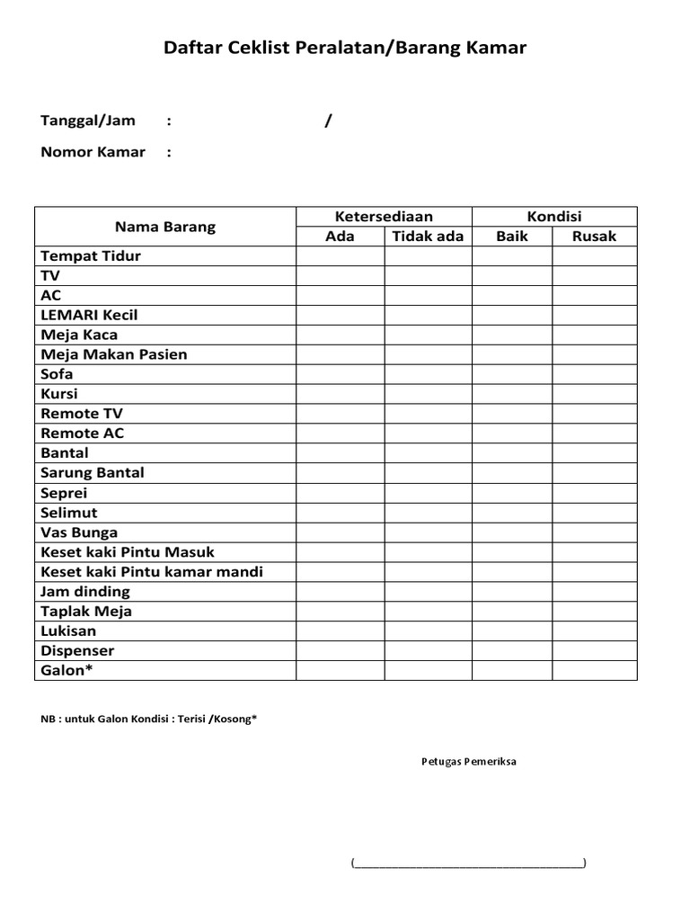 Daftar Ceklist Peralatan Kamar | PDF