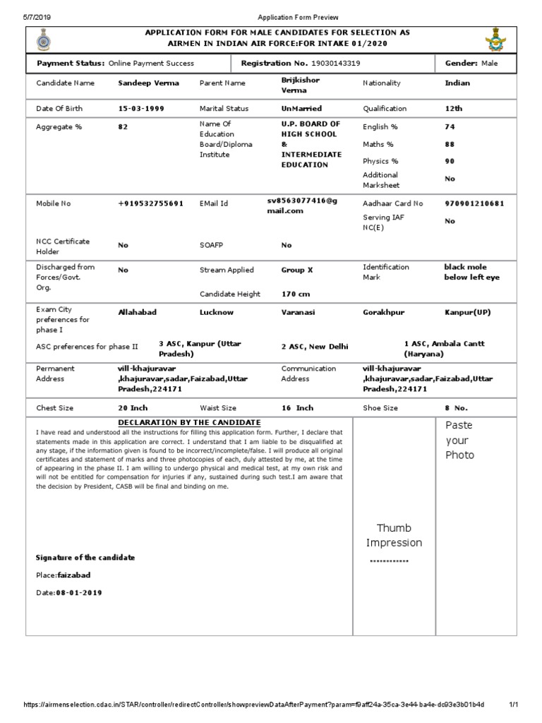 Application for Selection as an Airman in the Indian Air Force: Details ...