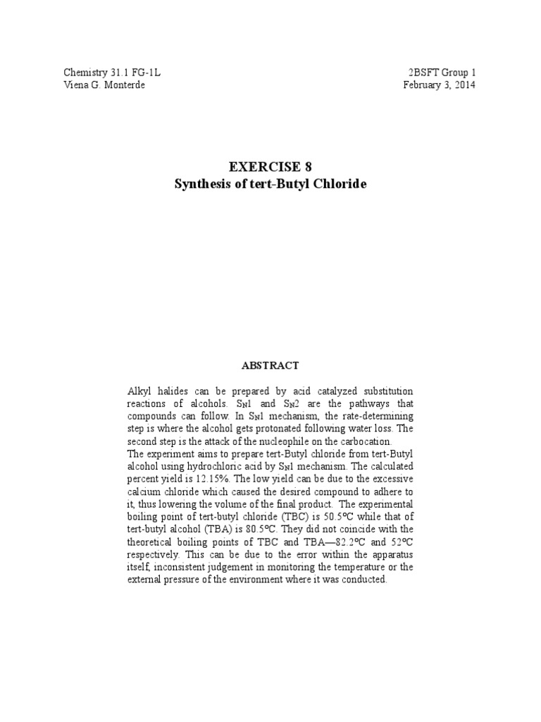 Synthesis of tert-Butyl Chloride via SN1 | PDF | Chemical Reactions ...