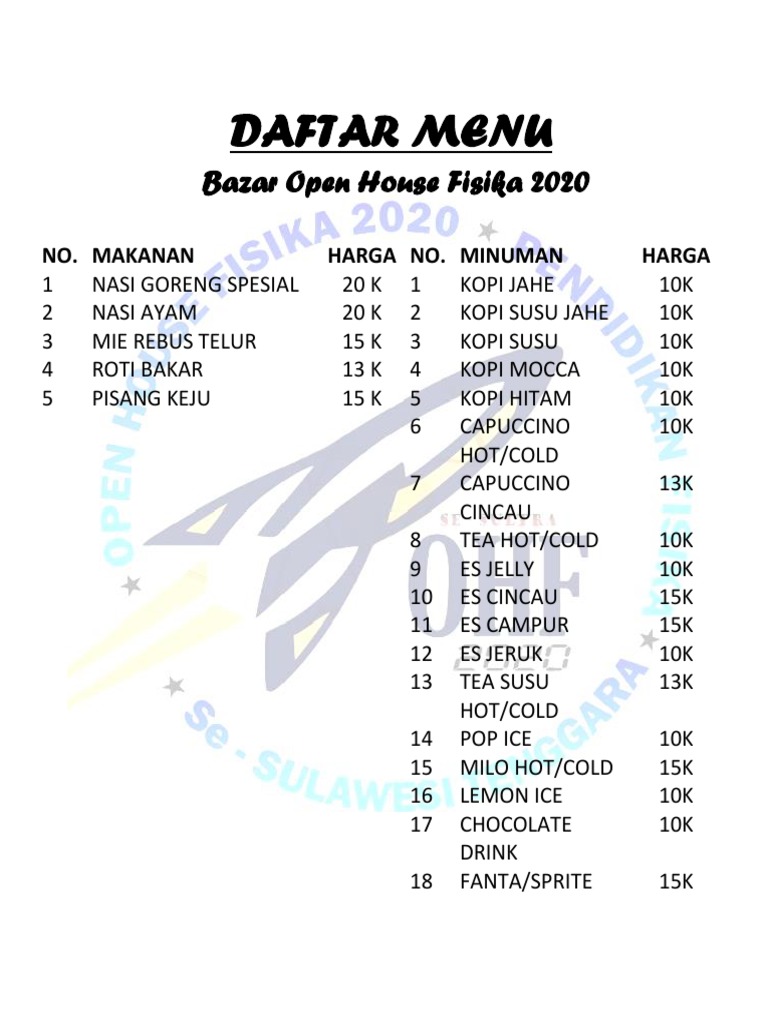 Daftar Menu: Bazar Open House Fisika 2020 | PDF