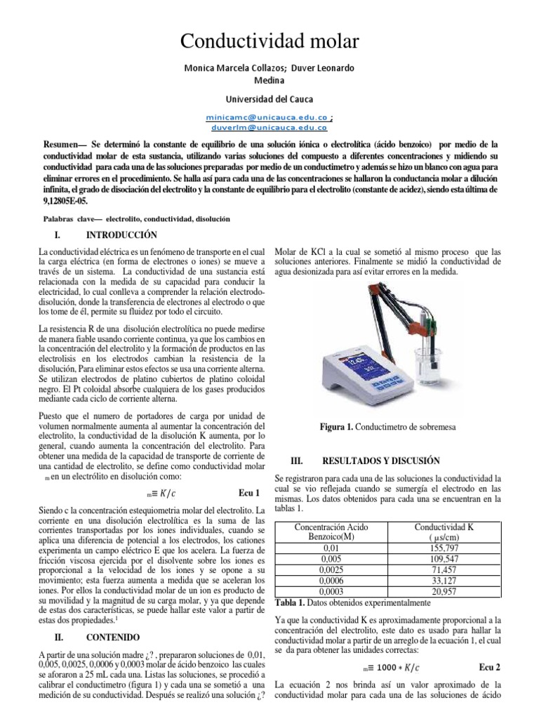 Conductividad Molar | PDF | Concentración | Equilibrio químico