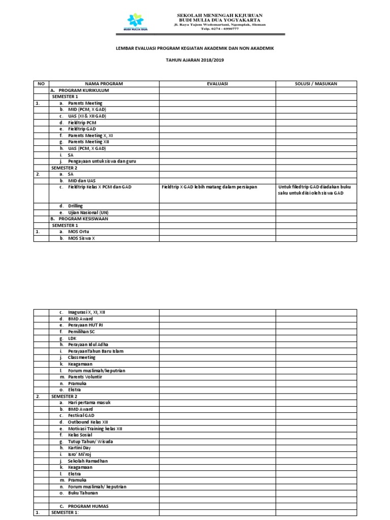 Lembar Evaluasi Program Kegiatan Akademik Dan Non Akademik | PDF