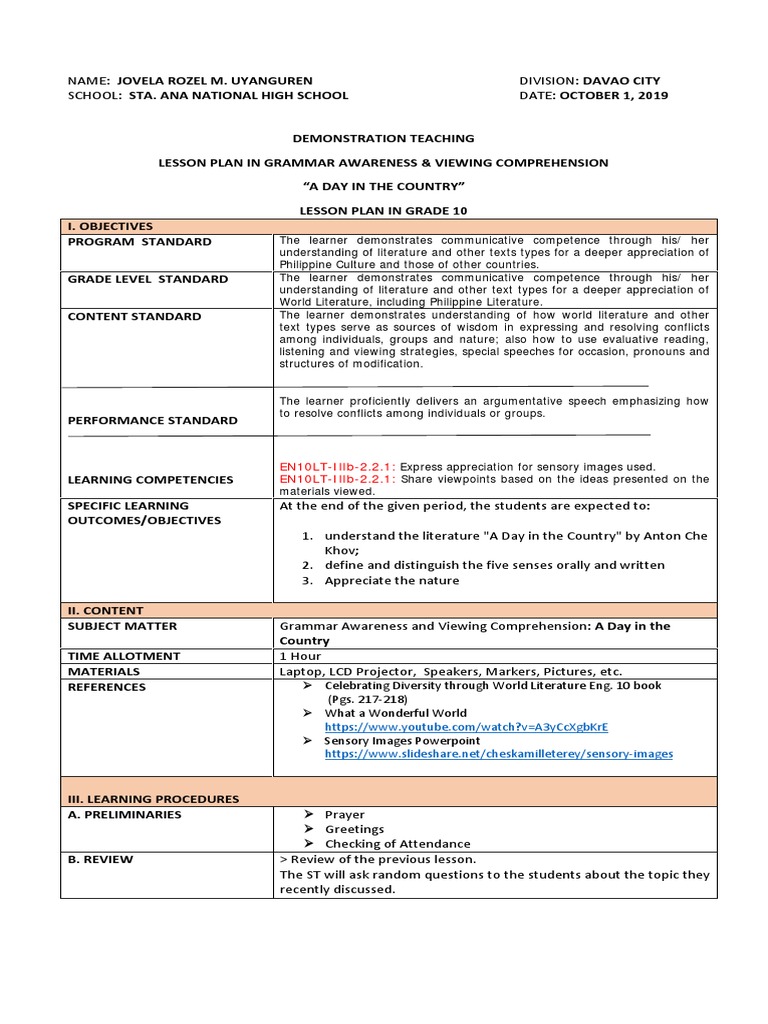 A Day in The Country Daily Learning Lesson | PDF | Mental Image ...