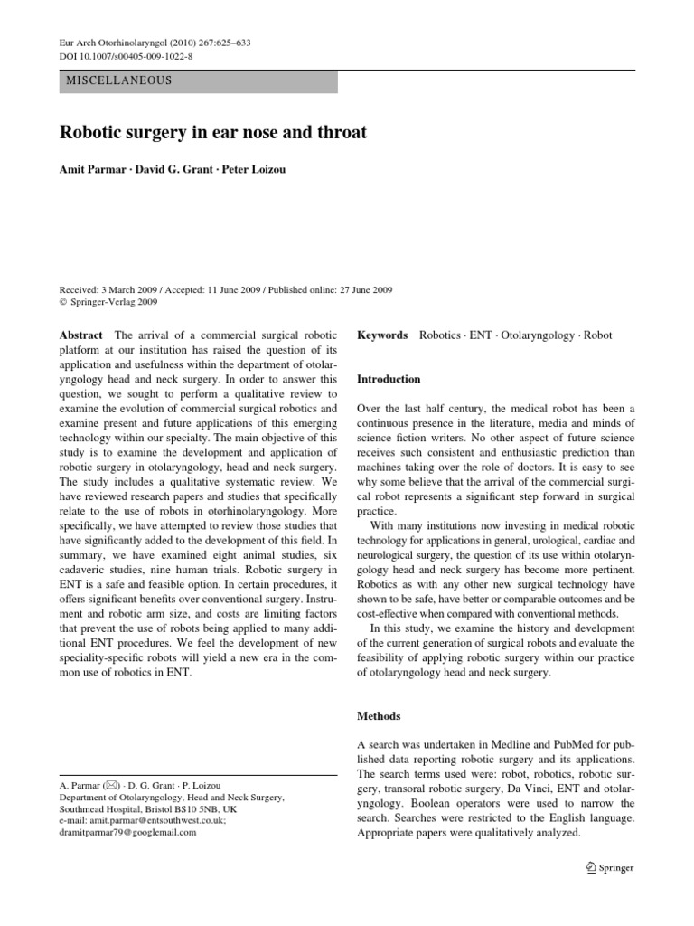 Robotic Surgery in Ear Nose and Throat PDF | PDF | Surgery | Clinical ...