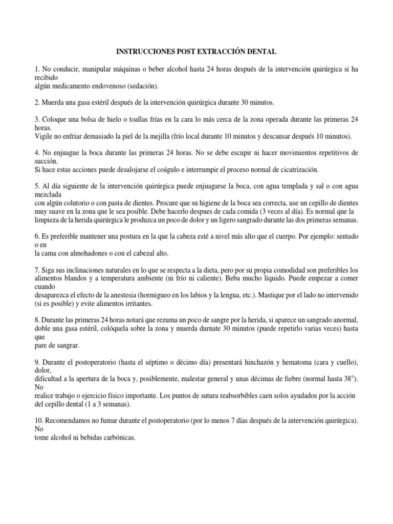 Instrucciones Post Extracción Dental | PDF | Cepillo de dientes | Cirugía