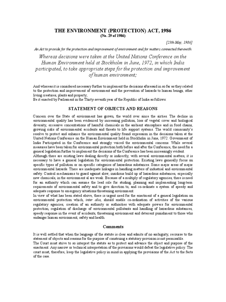 The Environment (Protection) Act, 1986: Statement of Objects and ...