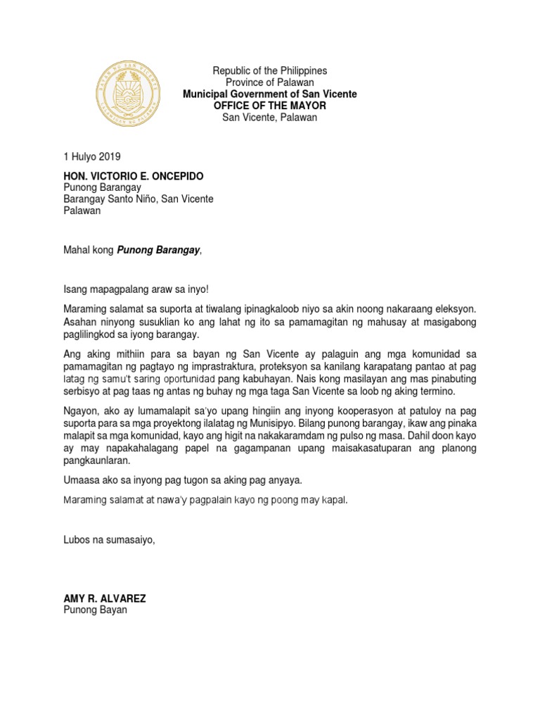 Letter To SV Barangay Chairmen Personal (Filipino) Less Verbose | PDF