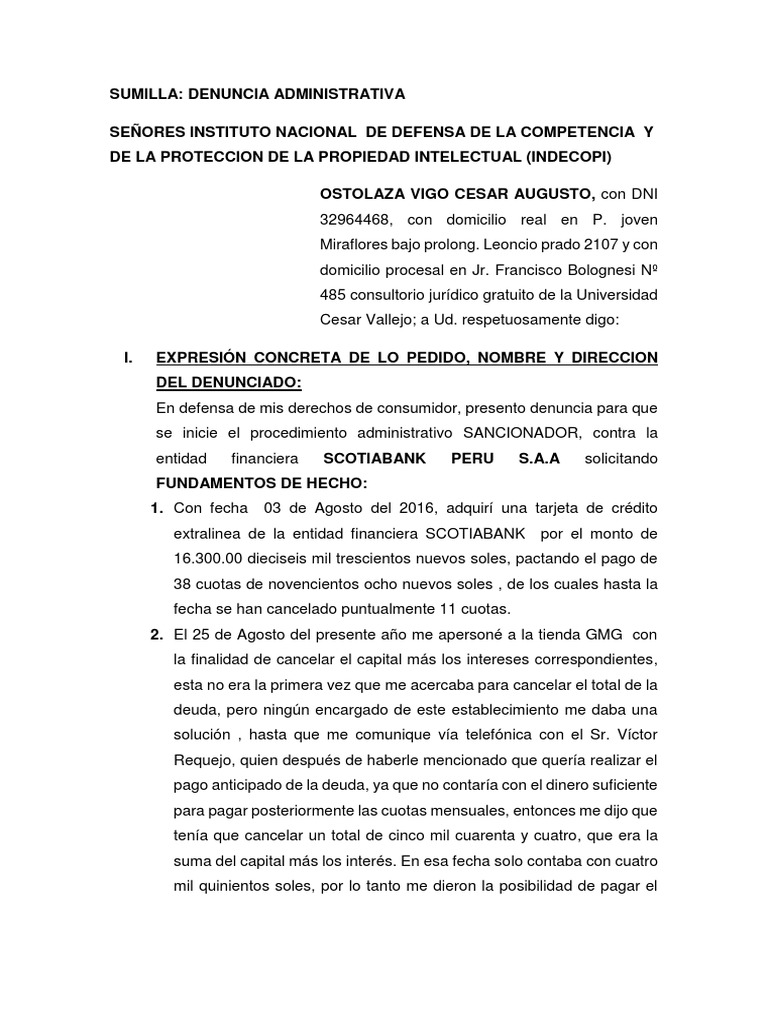 Modelo de Queja A Indecopi | PDF | Los consumidores | Protección al Consumidor