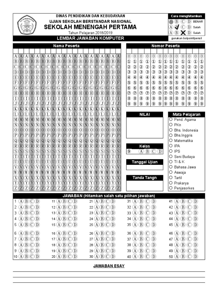 LJK Format Folio f4 Pilihan Ganda Dan Essay Usbn SMP 2019 | PDF