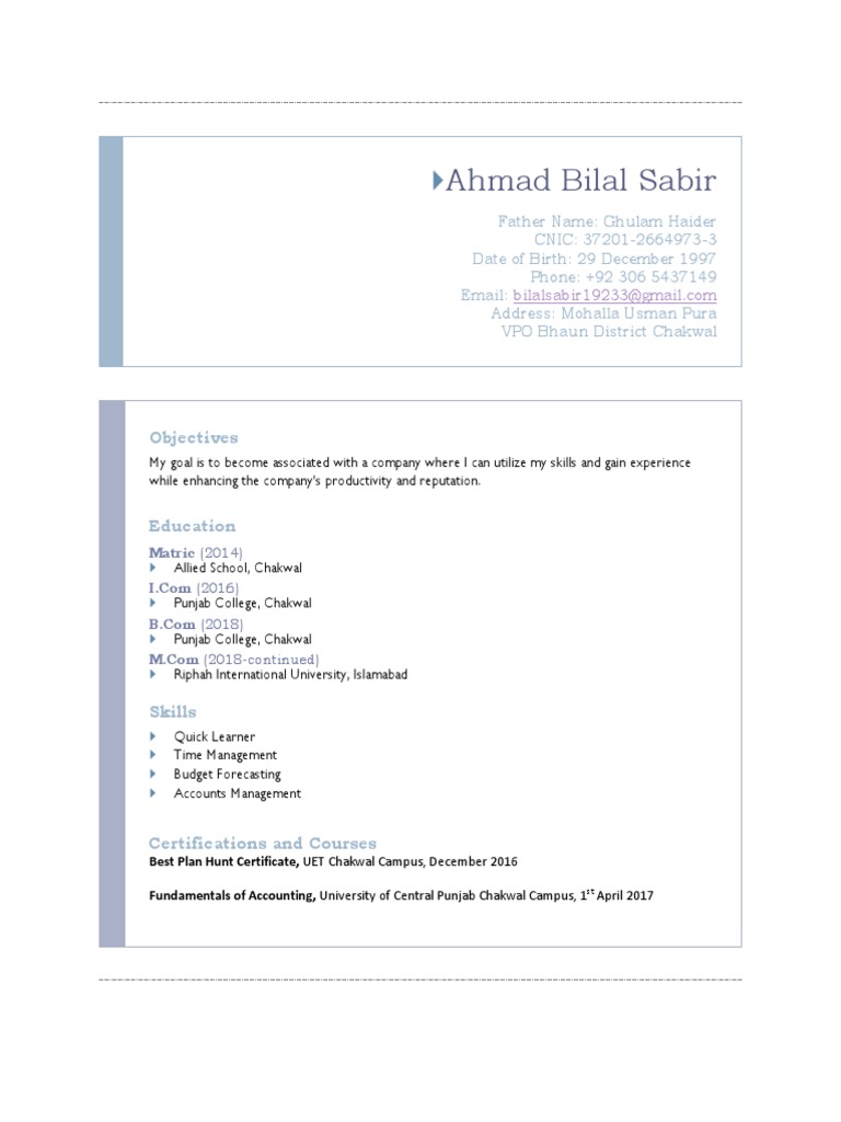 Ahmad Bilal Sabir CV | PDF