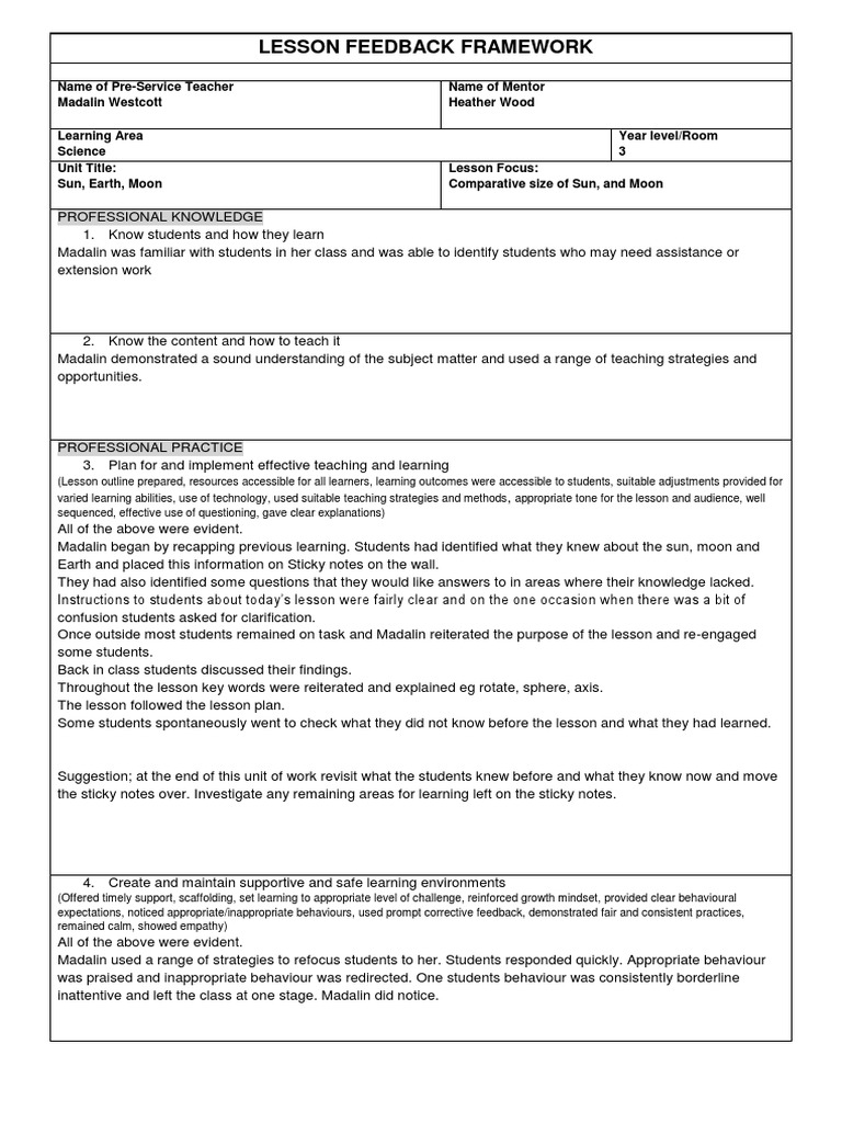 Lesson Plan Feedback Madalin Westcott | PDF | Lesson Plan | Mentorship