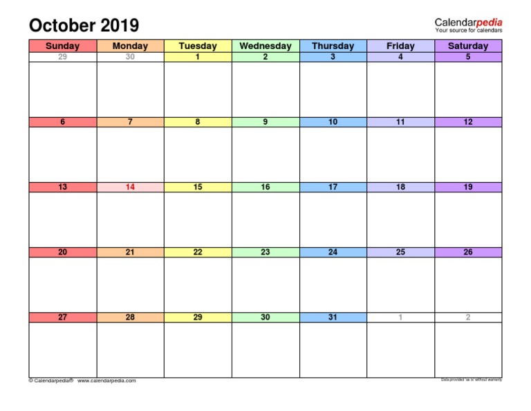 October 2019 Calendar Landscape | PDF