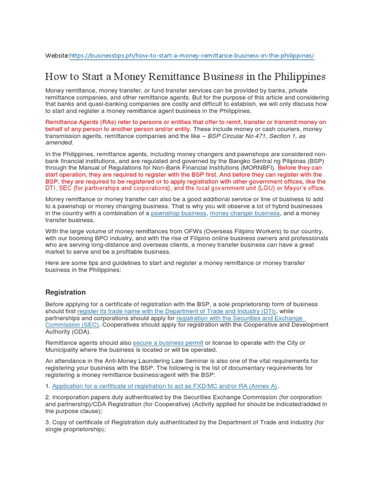 Starting a Money Remittance Business in PH | PDF | Sole Proprietorship ...