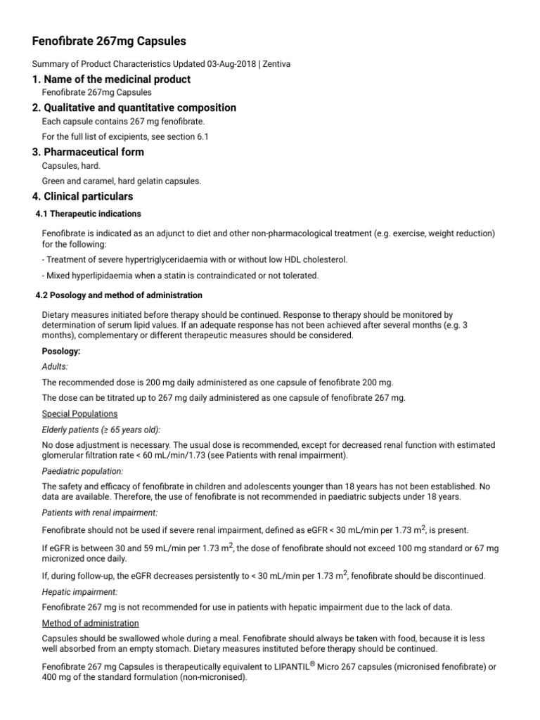 Fenofibrate 267mg Capsules - Summary of Product Characteristics (SMPC ...