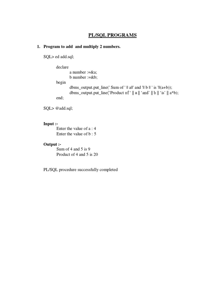 PL/SQL Programs for Common Tasks | PDF | Pl/Sql | Object Oriented ...