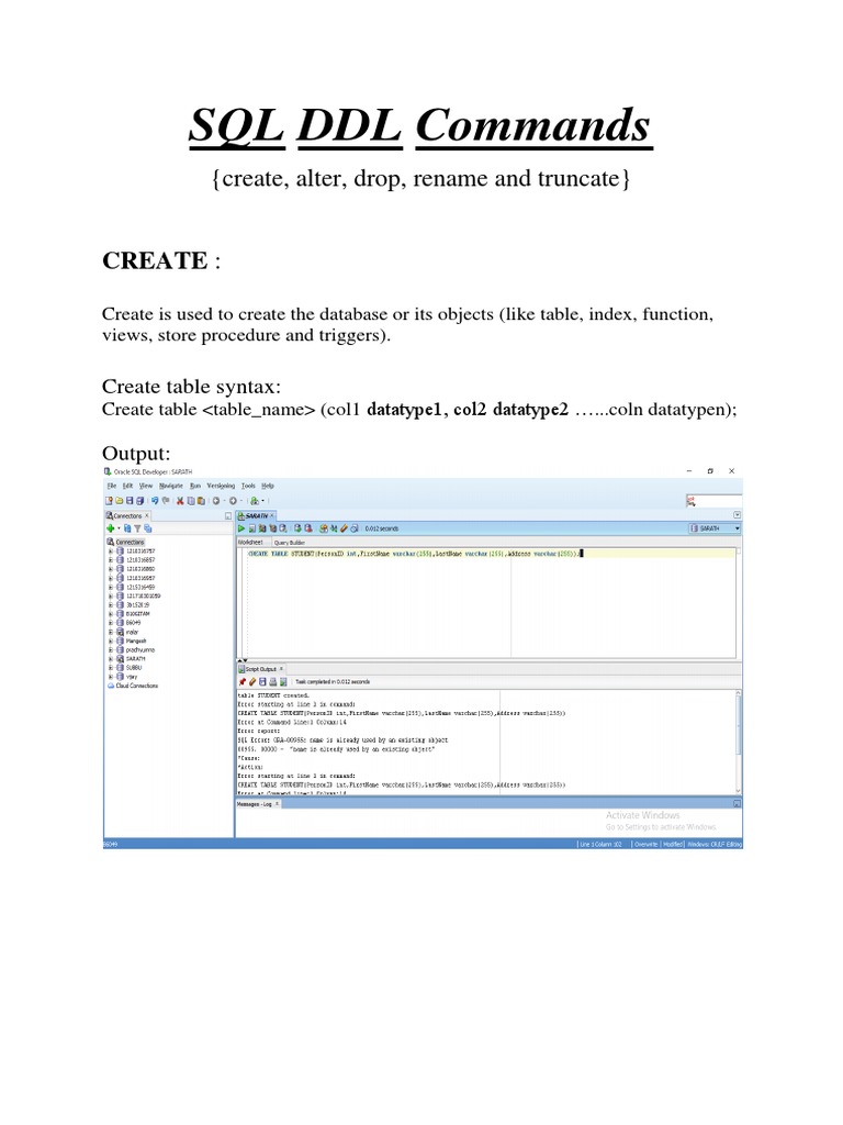 Sql Ddl Commands Create Alter Drop Rename And Truncate Pdf