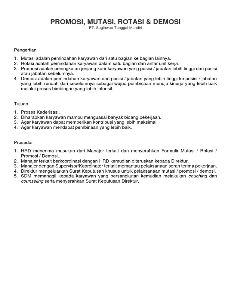 SOP Promosi, Demosi, Mutasi & Rotasi | PDF