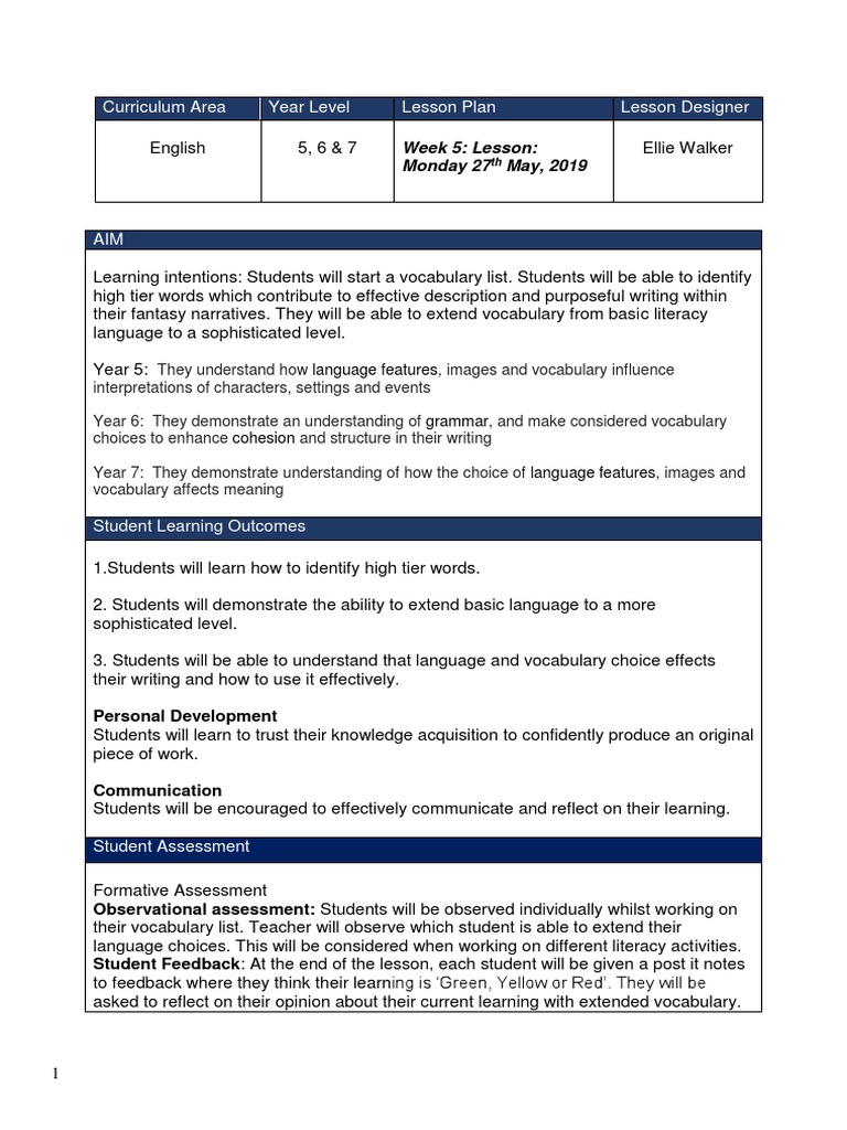 Week 5 Lesson Plan 1 | PDF | Vocabulary | Teachers